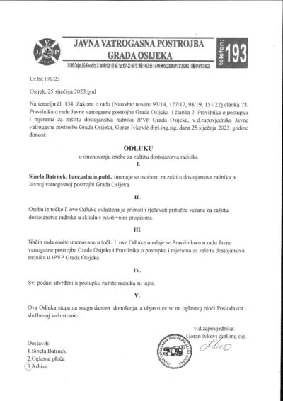 Odluka o imenovanju osobe za zaštitu dostojanstva radnika 2023. (2) - Javna vatrogasna postrojba ...