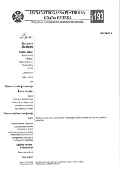 Životopis - Europass CV - Obrazac 2 - Javna vatrogasna postrojba Grada Osijeka